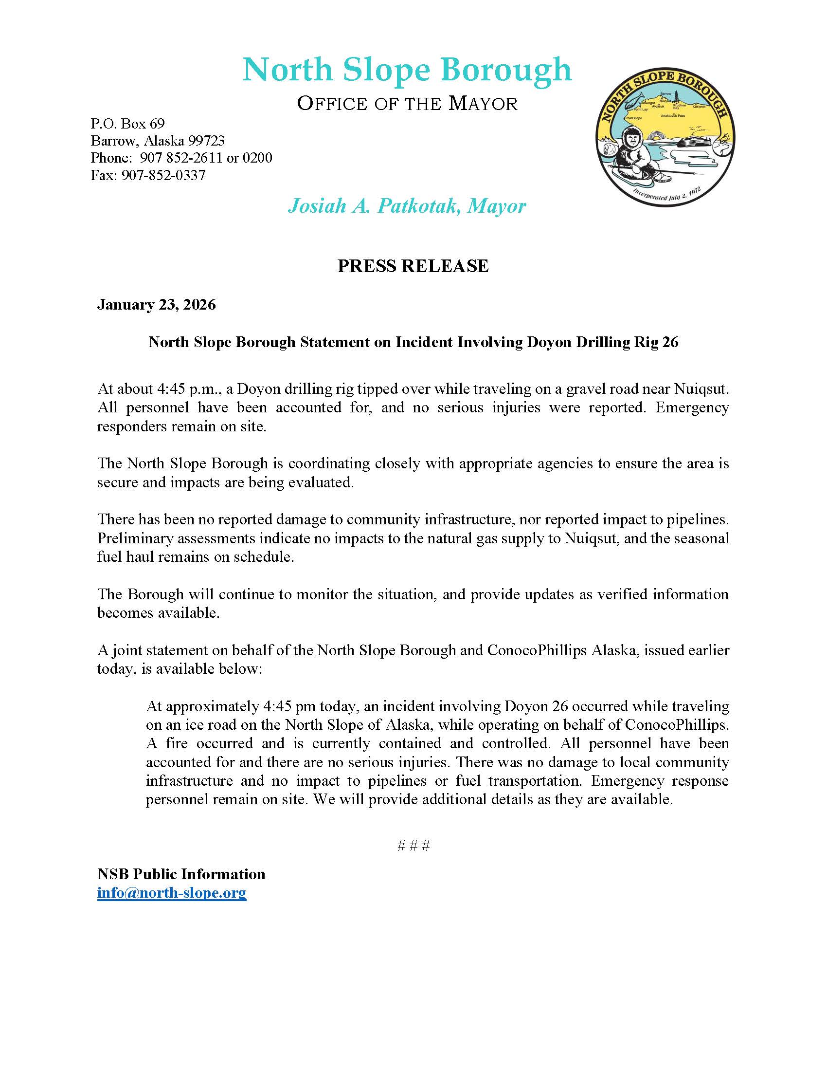 NSB Press Release - Doyon Rig Incident - The North Slope Borough